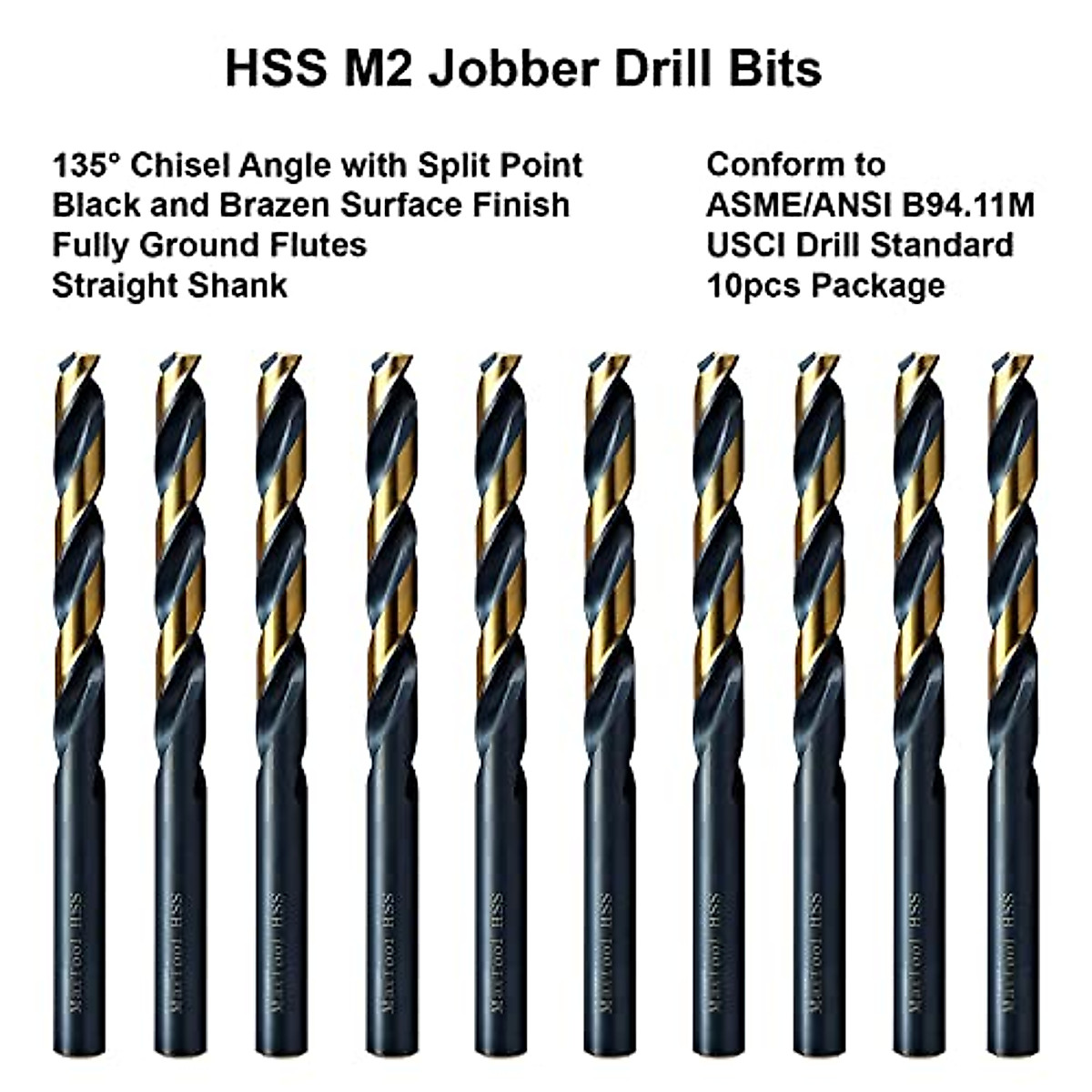 MAXTOOL 5.0mm 10pcs Identical Jobber Length Drills HSS M2 Twist Drill Bits Metric Fully Ground Black & Bronze Straight Shank Drills; JBM02H10R050P10