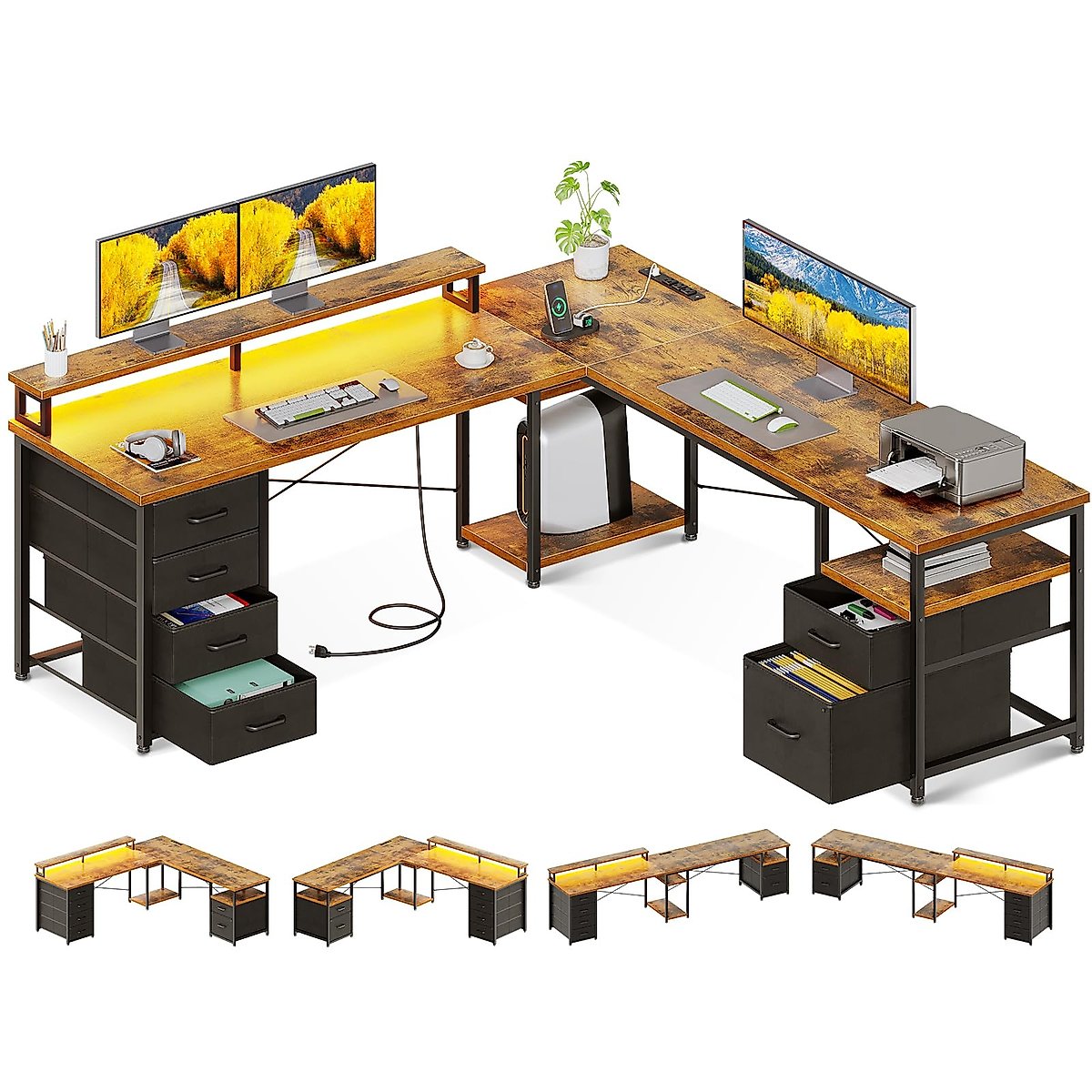 AODK 66" L Shaped Computer Desk, 113“ Reversible Home Office Desk with File Cabinet & 4 Fabric Drawers, Two Person Desk with LED Lights & Power Outlet, Corner Gaming Desk with Monitor Shelf, Vintage