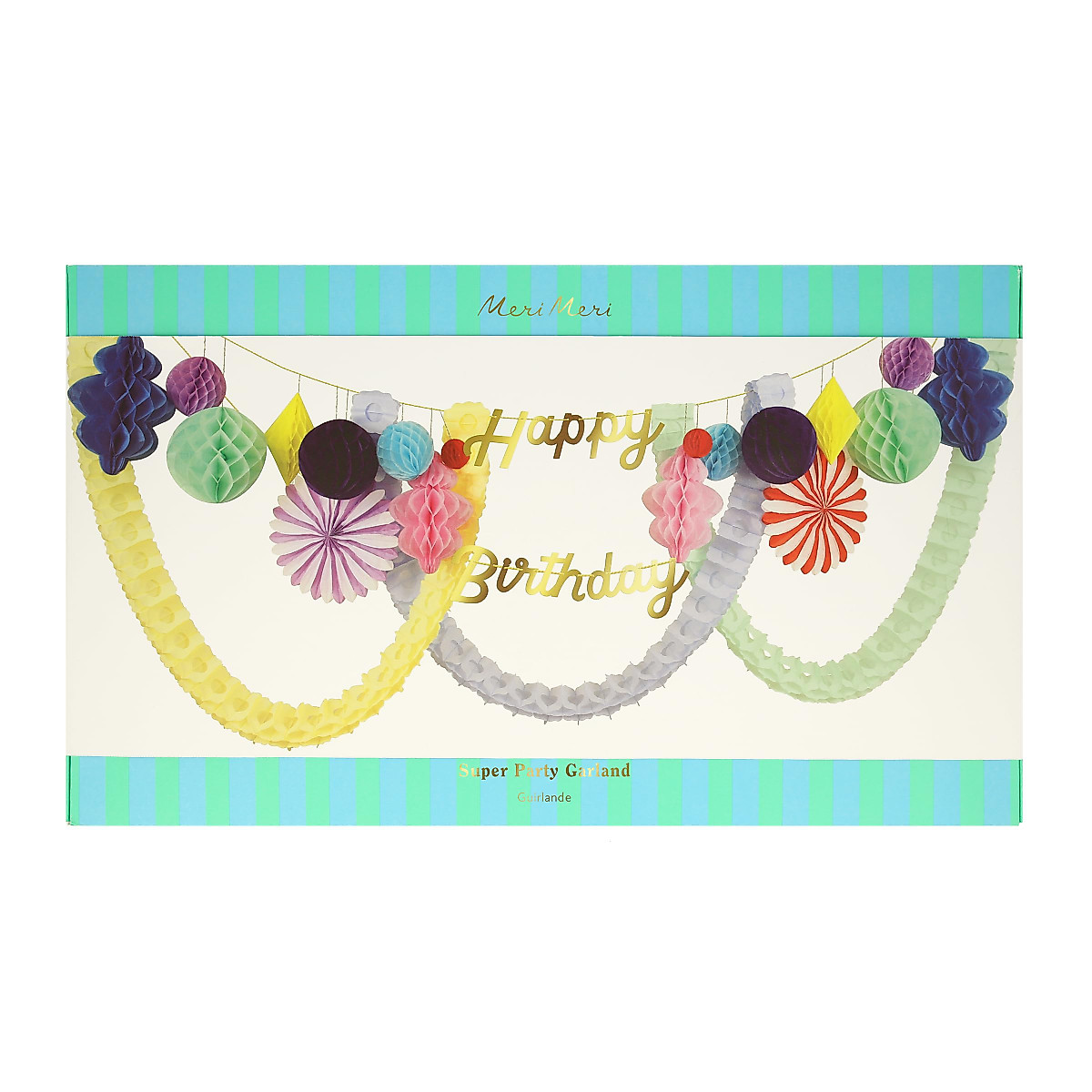 Meri Meri Honeycomb Happy Birthday Banner (Pack of 1), 2 Strands, 9' Birthday Party Garland (13' Including Excess Cord), Meri Meri Party Garland