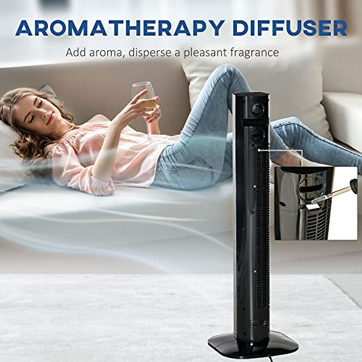 HOMCOM 37.75" Tower Fan for Bedroom Cooling with Aroma Diffuser, 70° Oscillating, 12 Hour Timer, LED Sensor Panel, and Remote Control, Black