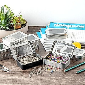 Restaurantware RW Base 4.5 Ounce Rectangular Tin Containers 10 Durable Tin Boxes With Lids - Clear Window Lids Rounded Edges Silver Tin Storage Containers Customizable Fits Mints Or Pills
