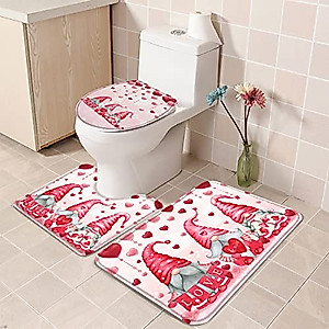 Valentines Gnome Bathroom Rugs Sets Love Heart Pink Bath Mats Set with Toilet Lid Cover Non Slip Bathroom Mat, U-Shaped Contour Toilet Mat, 3 Piece Bathroom Rugs for Valentiens Day Decor Red Pink Mat