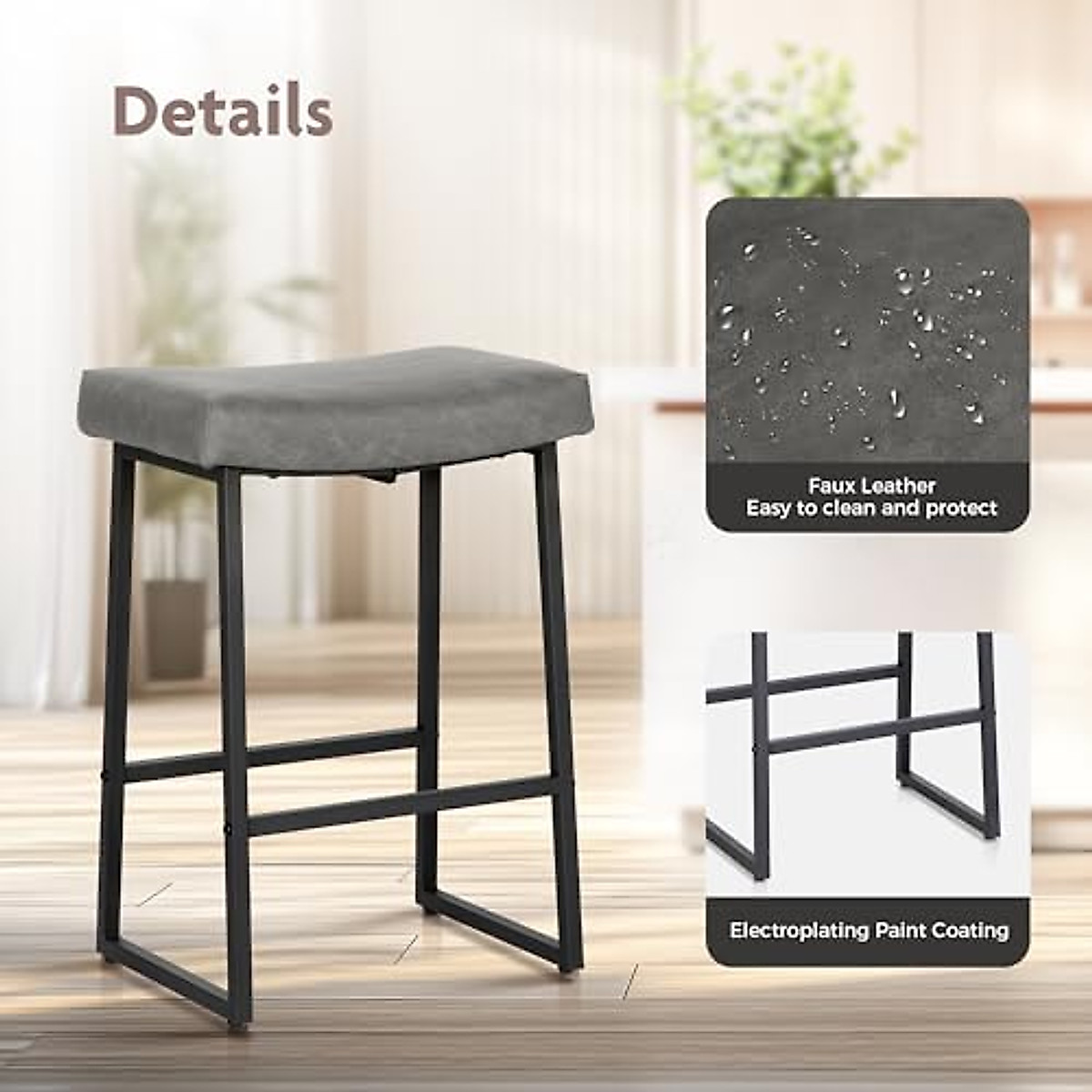 ALPHA HOME Bar Stools Backless Saddle Seat Barstools Modern PU Leather Cushion Counter Height Chairs Set of 2 for Kitchen Island, Dining Pub and Bistro, 24 Inches, Grey, 2PCS