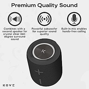KOVE Mini Commuter 2 Portable Speaker - Black Bluetooth Speakers, Wireless with HD Louder Volume, Deep Bass Subwoofer, Microphone, IPX7 Water Resistant - Perfect Boom Box for Home, Outdoor or Travel
