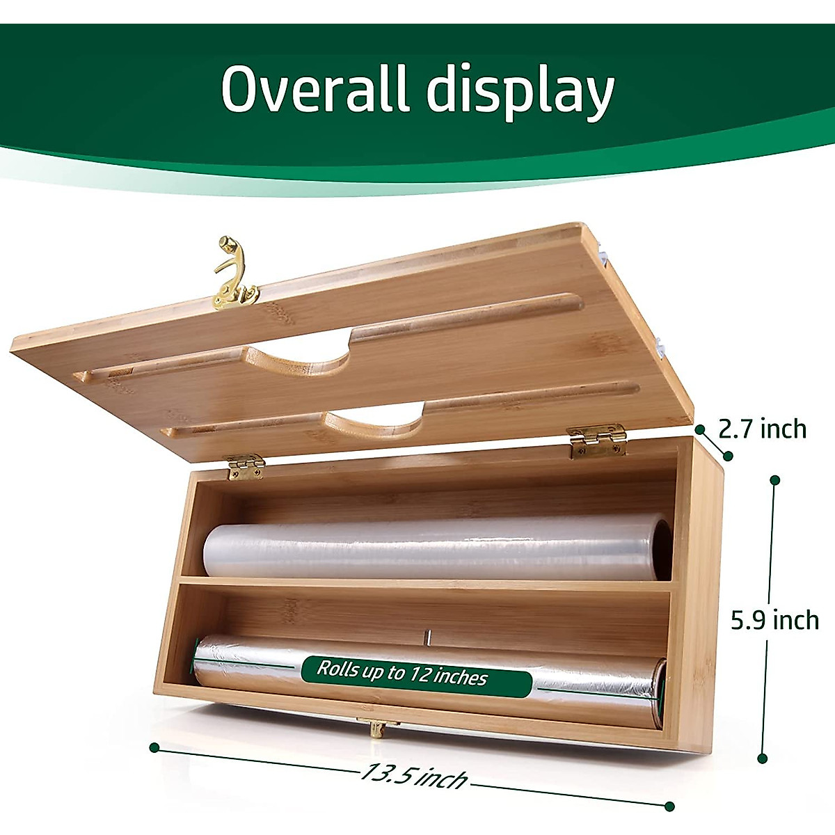 2 in 1 Food Wrap Organizer with Cutter, Bamboo Wrap Dispenser for Aluminum Foil, Wax Paper, Plastic Wrap, Wall Mounted or Kitchen Drawer Organization and Storage Holder,Max for 12" Roll