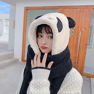 Women Girls Cute Panda Animal Winter Hats 3 in 1 Warm Soft Plush Hoodie Cap Gloves Mitten Scarf Set Cold Weather Earmuff Headbands Costume Holiday Christmas Gift for Adults Kids (Shy Face Panda)
