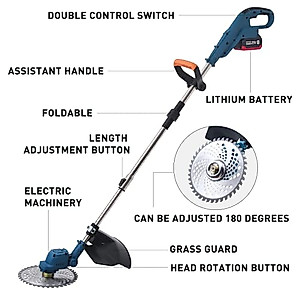 Battery Powered Weed Eater Cordless- Electric Weed Wacker Rechargeable- Two 4.0 Ah Battery Operated Weed Whacker Cordless 21V Grass Edger Trimmer with Blade and Charger- Lawn Yard Garden Brushless-1