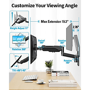 MOUNTUP Single Monitor Wall Mount for Max 32 Inch Computer Screen, Fully Adjustable Gas Spring Monitor Arm, Wall Mounted Monitor Holder Support 2.2-17.6lbs Display, VESA Bracket Fit 75x75mm, 100x100mm