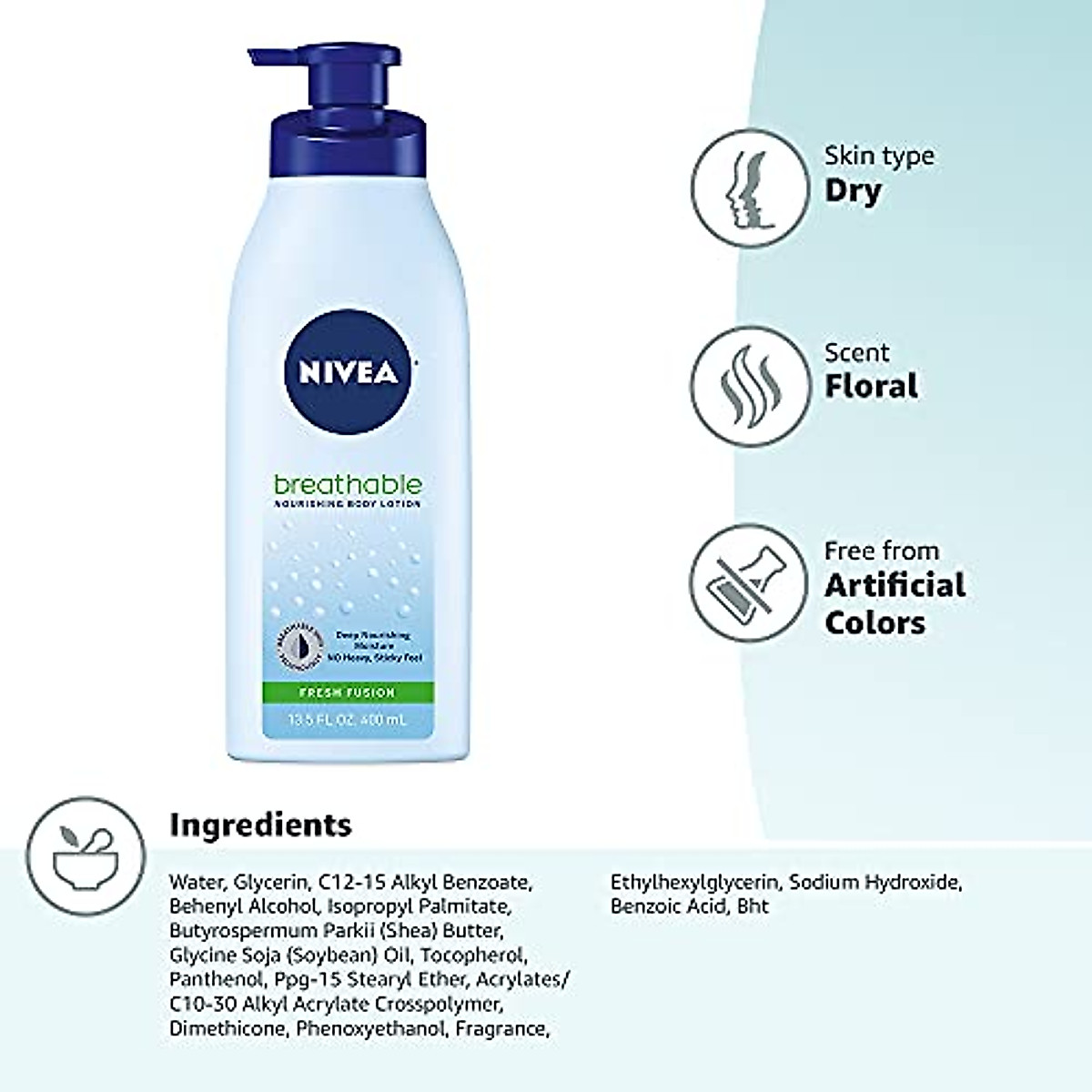 NIVEA Breathable Nourishing Body Lotion Fresh Fusion, Body Lotion for Dry Skin, 13.5 Fl Oz Pump Bottle