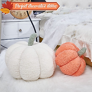 Juexica Halloween Stuffed Pumpkin Fluffy Plush Toy 3D Shaped Decorative Thanksgiving Pillow Soft Cute Throw, 11 Inch, 7 Inch(White, Orange, 2 Pcs)
