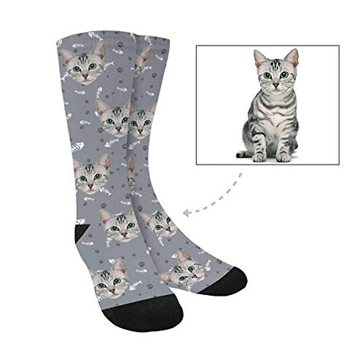 Custom Print Your Photo Funny Pet Face Socks, Personalized Fish Bones, Cat and Dog Tracks Paws Gray Crew Socks with Pictures for Men Women