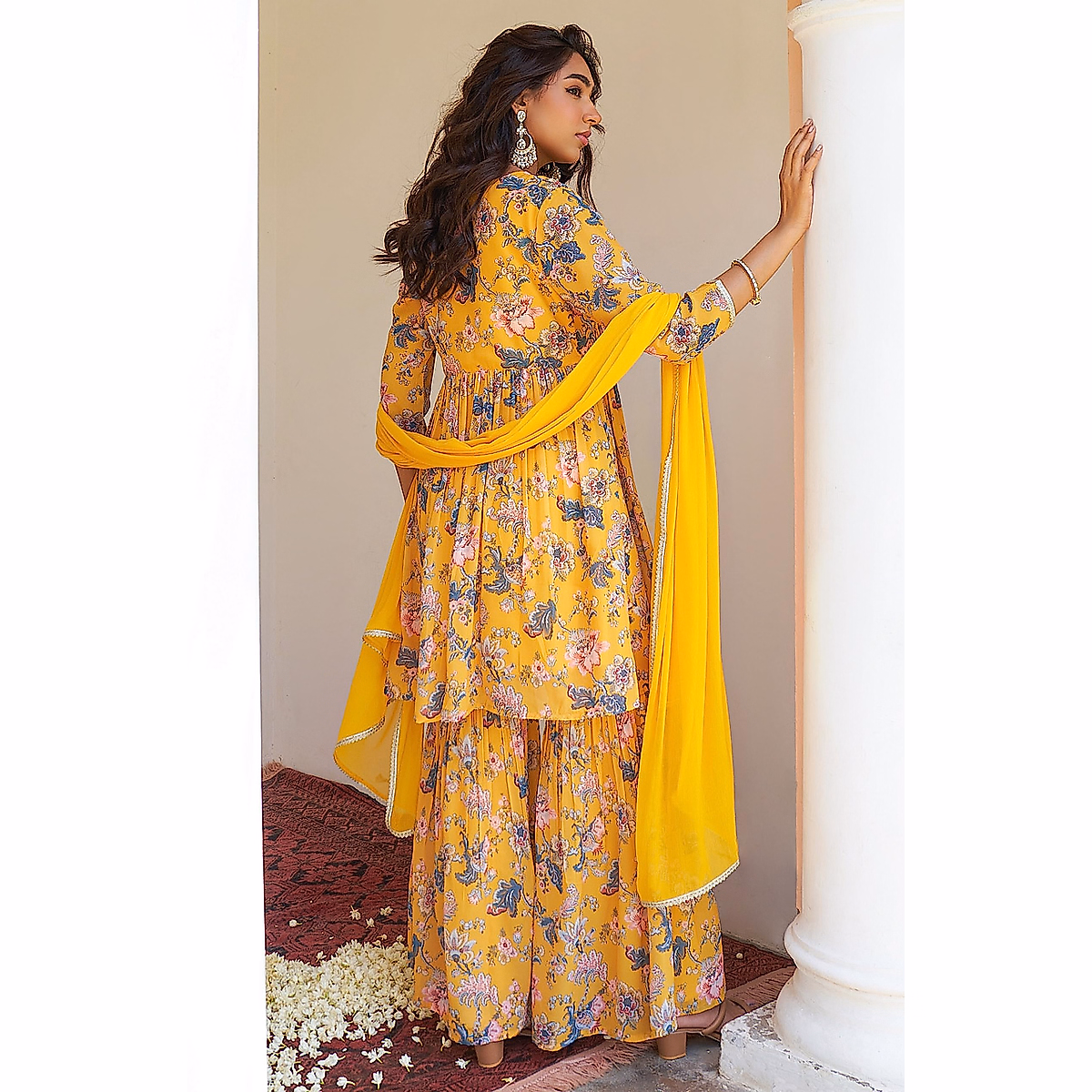 Janasya Indian Women's Yellow Georgette Digital Floral Printed Kurta with Sharara and Dupatta