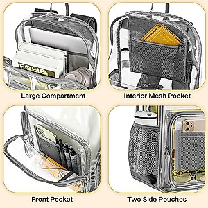 GEAMSAM Clear Backpack, Heavy Duty Transparent Backpack with Reinforced Bottom See Through Backpack for College, Travel, Workplace Security - Gray