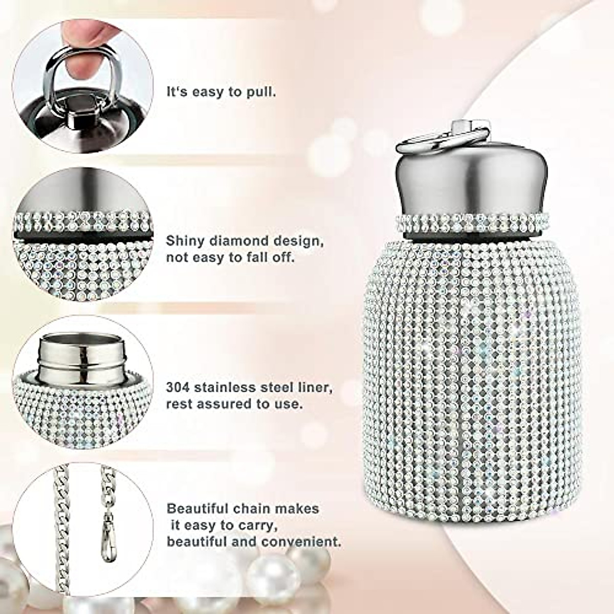 XUDREZ Diamond Thermos Bottle for Womens, Diamond Water Bottle Bling Rhinestone Stainless Steel Vacuum Flask Sparkling Refillable Insulated Thermal Bottle with Pearl Bracelet and Chain (Silver)