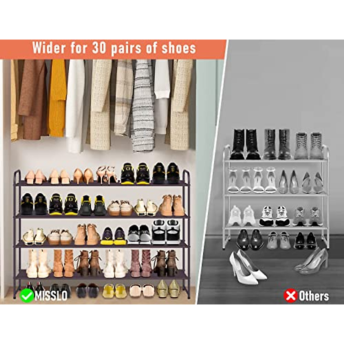 MISSLO 3-Tier Long Shoe Rack for Closet and 4 Tier Long Shoe Organizer for Closet Shoe Organizer for Closet Floor Entryway Storage Stackable Wide Shoe Shelf Stores Men Sneakers