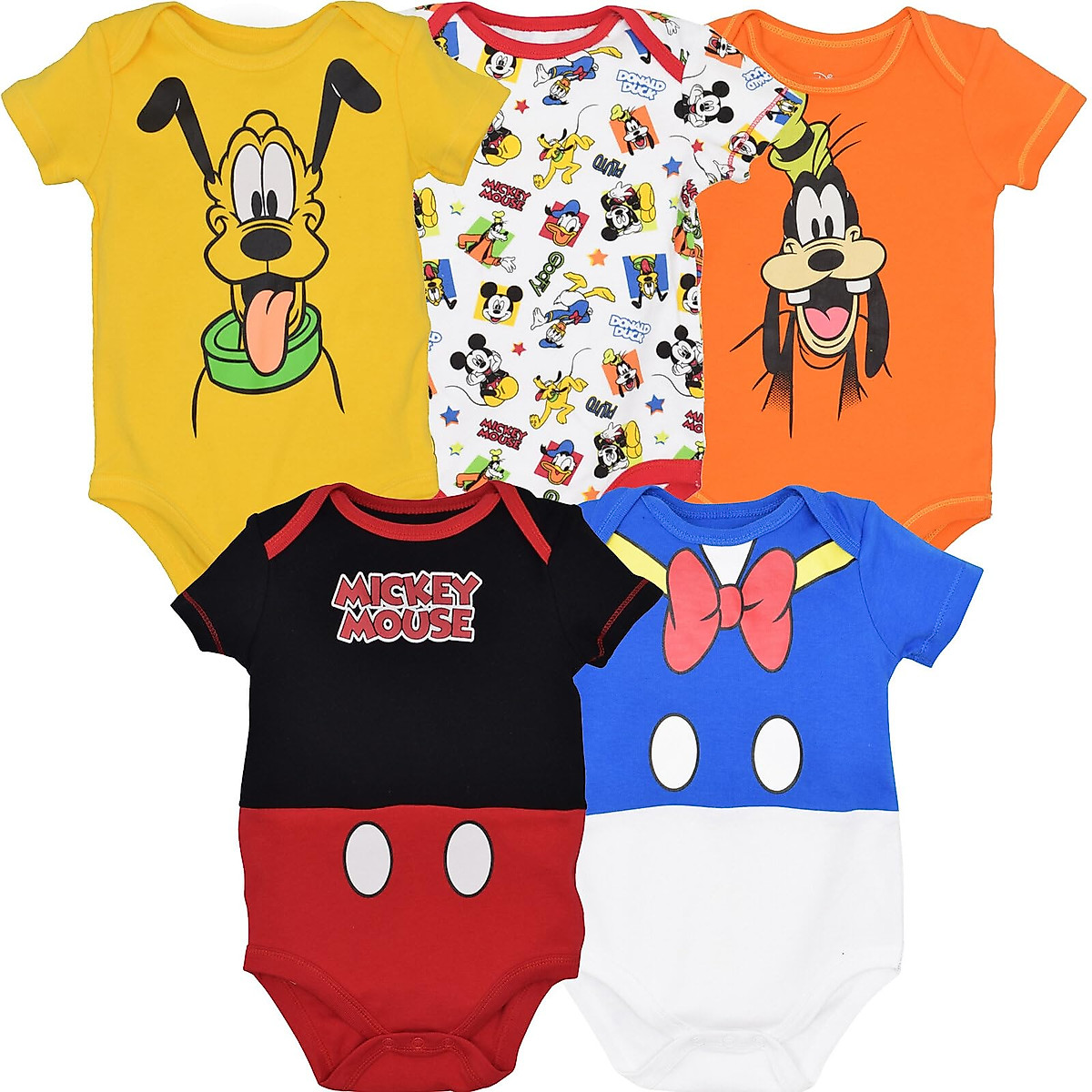 Disney Mickey Mouse Donald Duck Pluto Newborn Baby Boys 5 Pack Cuddly Bodysuits Mickey Mouse Clubhouse 6-9 Months