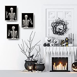 Halloween Wall Decor Skeleton Poster, Funny Goth Home Wall Art Prints, Gothic Skull Weird Paintings, Witchy Spooky Aesthetic Pictures for Bedroom Bathroom Pagan Room Decor Set of 3 Unframed (8x10)