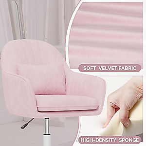 Nalupatio Home Office Chair,Swivel Height Adjustable Upholstered Velvet Computer Task Chair, Vanity Makeup Chair with Wheel&Pillow,Mid-Back Modern Accent Chair for Bedroom Reading Room,Light Pink