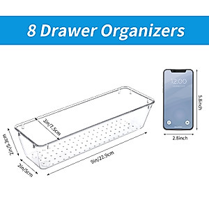 Fixwal 8 PCS Clear Drawer Organizers, 9 x 3 x 2 Plastic Rectangular Trays, Dresser Storage Bin Dividers for Cosmetics, Jewelry, Gadgets, Bathroom, Office