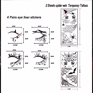 4 Pairs of Halloween Eye Shadow Temporary Tattoo Stickers Eyeliner Decals with 2 Sheets Spider Web Skull Bat Temporary Tattoo Stickers Face eye Makeup Stickers for Women Girls Halloween Masquerade Party