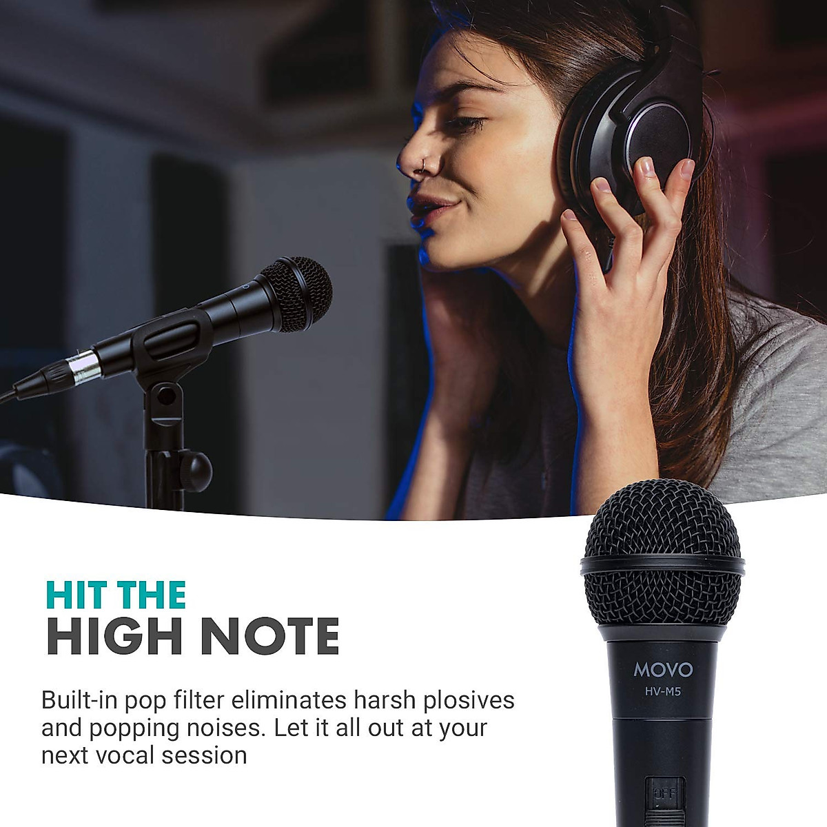 Movo HV-M5 Dynamic Cardioid Vocal Microphone with Internal Shockmount and Windscreen - XLR Compatible Dynamic Microphone with 6.35mm Adapter - Professional Microphone for Singing and Recording