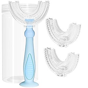 TUSIWIT Kids Toothbrushes U Shaped with 3 PCS Soft Food Grade Silicone Heads for Toddler,Childrens, Full Mouth Kids Tooth Brush for Age 2-6 Years Blue