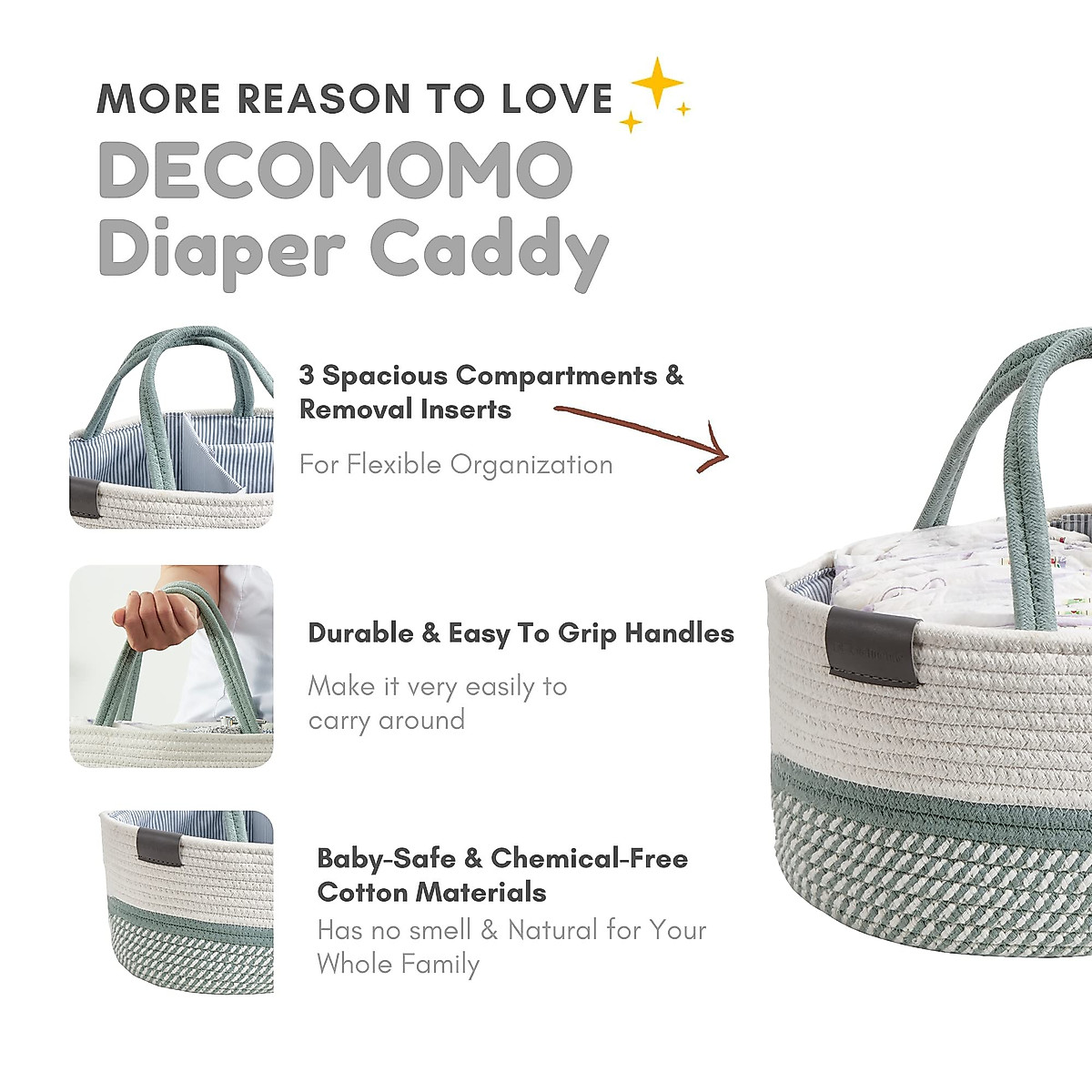 DECOMOMO Green Diaper Caddy, Nappy Caddy, Woven Baby Basket (Sage Green & White, Large)