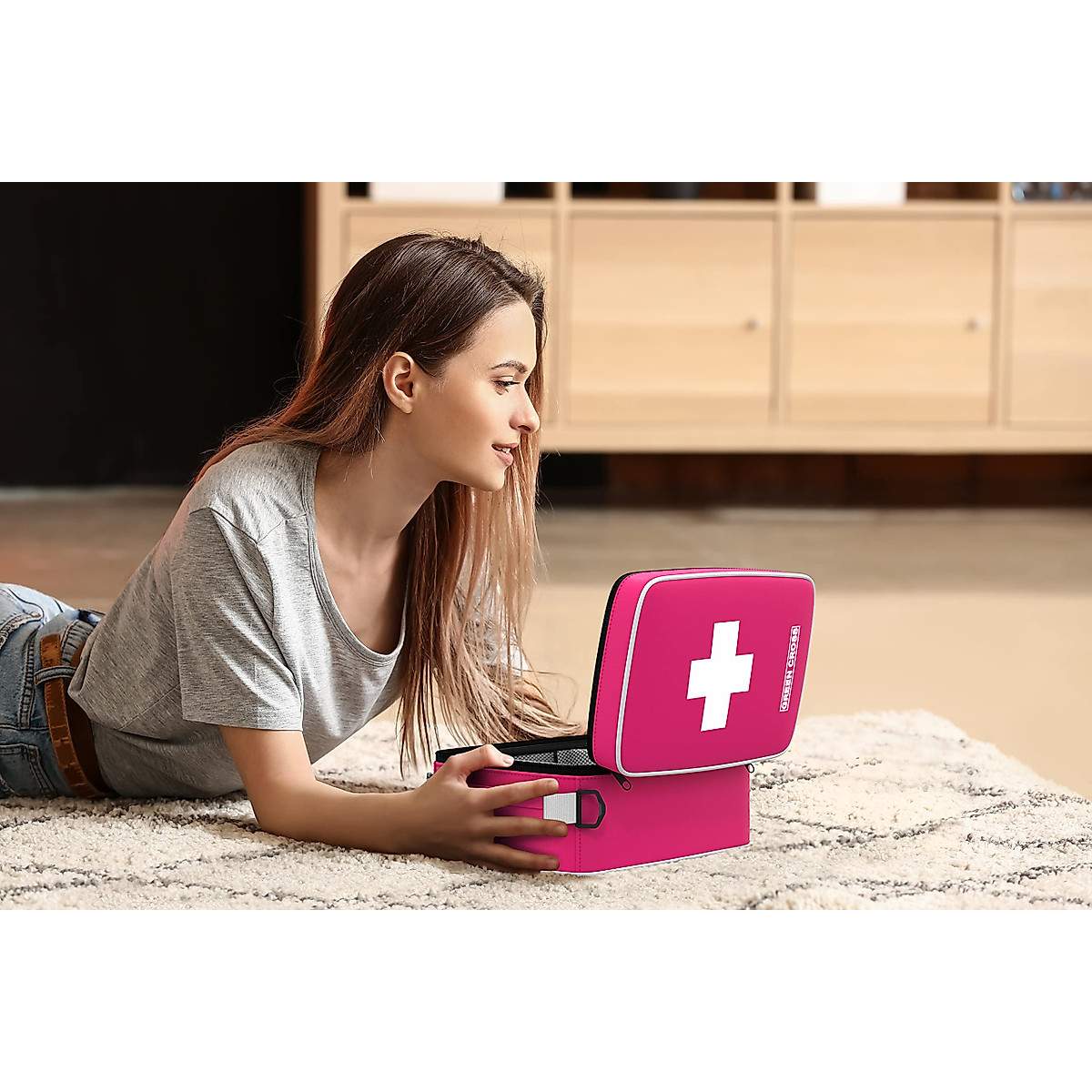 GREEN CROSS Medicine Bag with Combination Lock 8.5" x 5.5" x 4.5"(Pink Nylon)