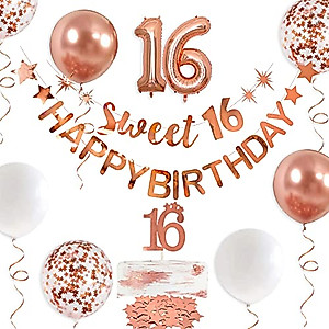 Rose Gold Sweet 16 Happy Birthday Banner Garland for Sweet 16 Decorations Hanging Sweet 16 Signs Foil Balloon 16 for Girls 16th Happy Birthday Party Banner for Sweet Sixteen Party Decor Supplies