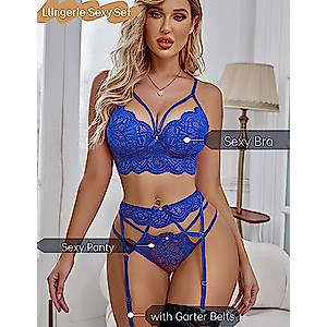 Avidlove Women's Exotic Lingerie Sets Sexy Lingerie Set with Garter Belts Sexy Bra and Panty Set Lace Teddy Bodysuit No Stockings(Blue, L)