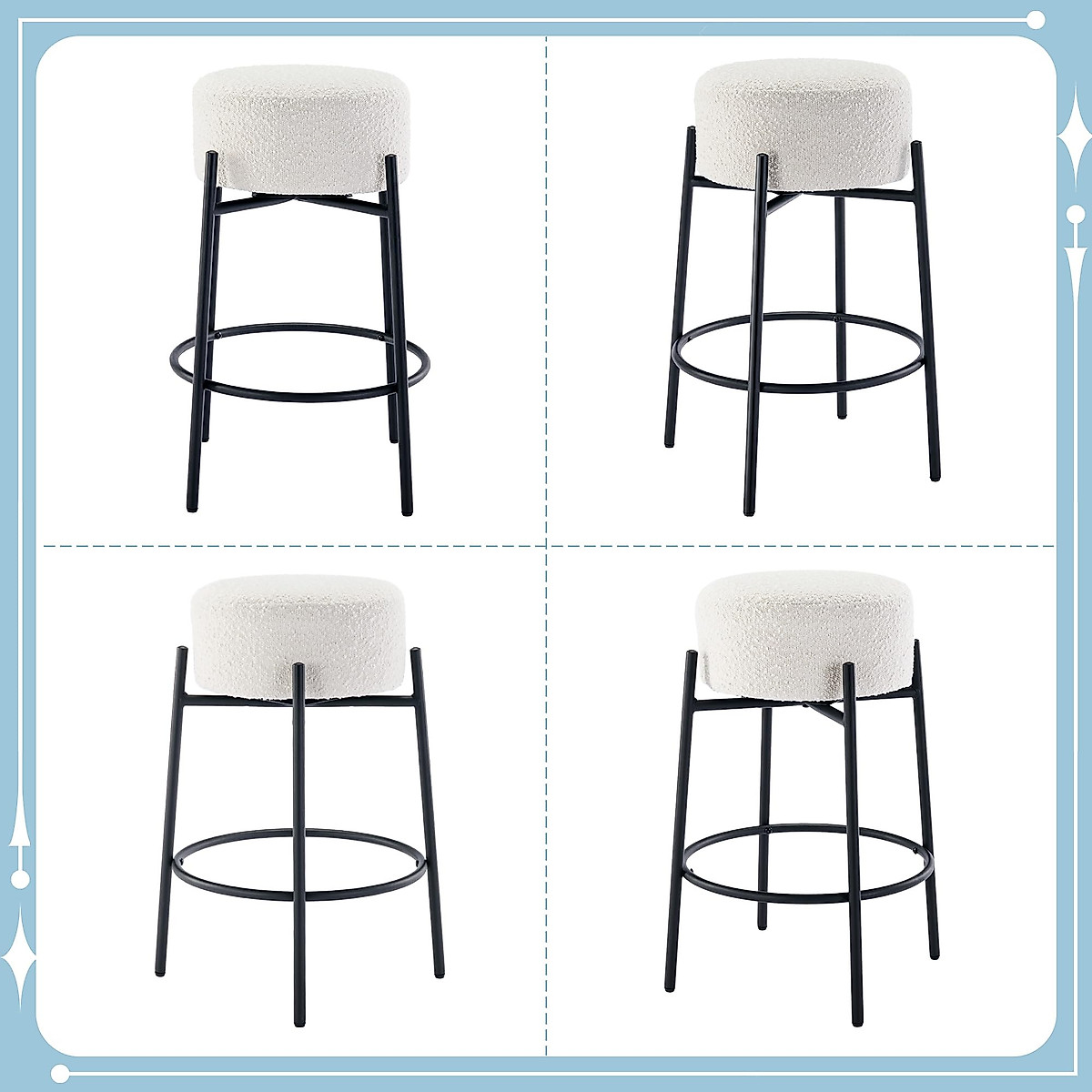 Flouki Swivel Bar Stools Counter Height, Modern Backless Stools for Kitchen Counter, Boucle Fabric Island Chairs with 6.7'' Thick Cushion and Metal Base, 26 inches H, Set of 2, White