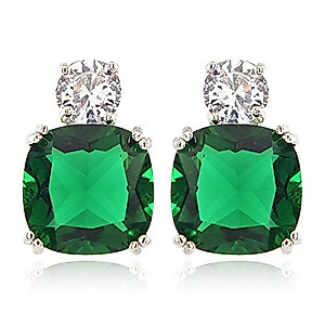 [RIZILIA CLASSIC] Stud Pierced Earrings with Cushion Cut Gemstones CZ [Green Emerald] in 18K White Gold Plated, Simple Modern Elegant