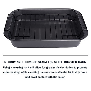 kitCom Bakeware Nonstick Roaster, Nonstick Roasting Pan with Rack, Great For Roast Chicken, Roasts And Turkeys - 15 Inch x 11 Inch (5.8 QT), Gray