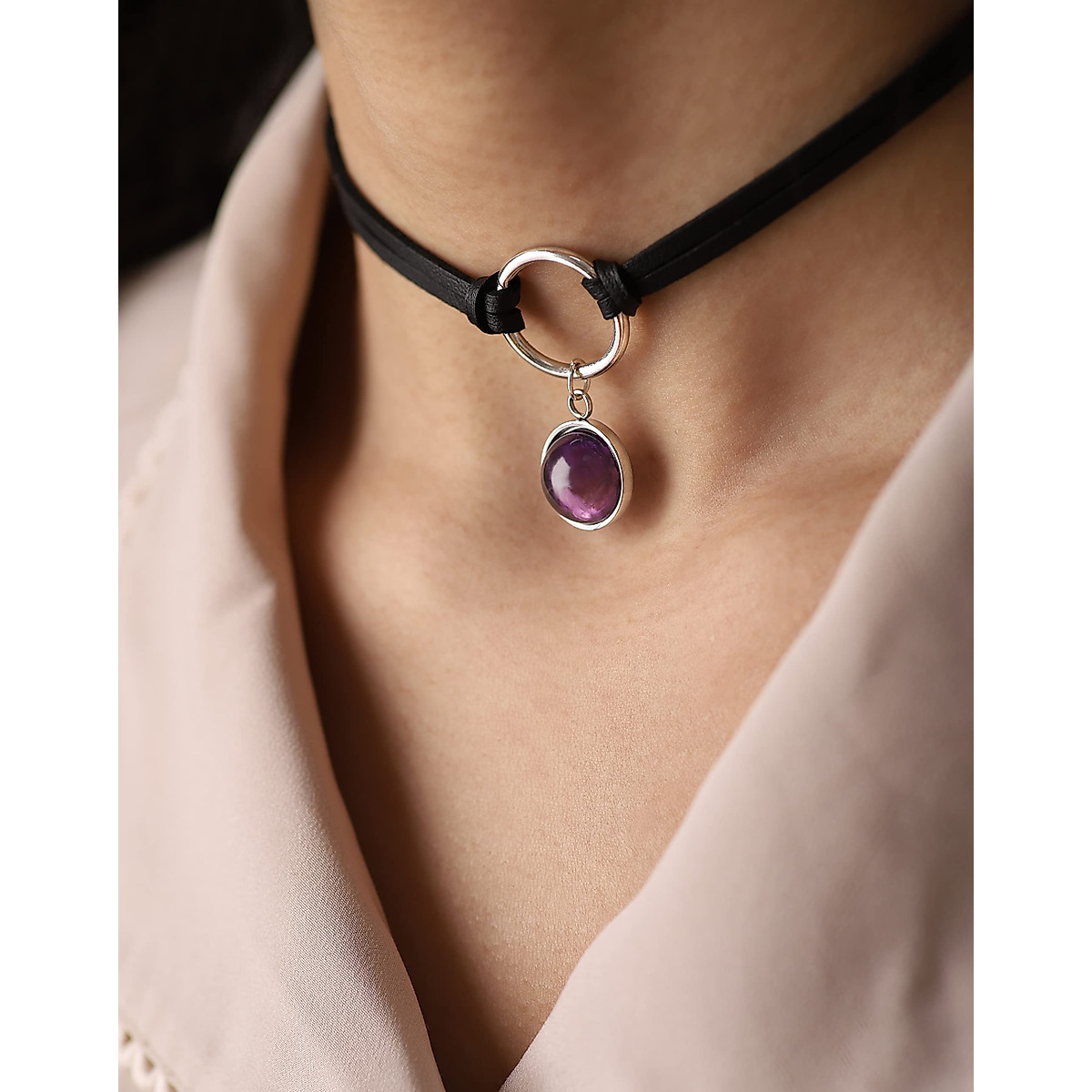 Sacina Gothic O ring Crystal Choker Necklace, Faux Leather Choker, Jewelry Gift for Women