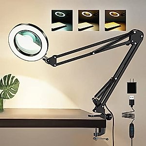 5X Magnifying Glass with Light, Lighted Magnifying Glass Magnifying Lamp 3 Color Modes Stepless Dimmable 8-Diopter Real Glass Lens Magnifier with Light Desk Lamp Clamp Swivel Arm for Crafts Workbench