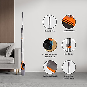 Broom and Dustpan Set House Brooms for Sweeping Indoor Collapsible Broom and Dust Pan Combo for Home Office Kitchen Lobby Floor Pet Hair Indoor&Outdoor Cleaning (Gray&Orange)