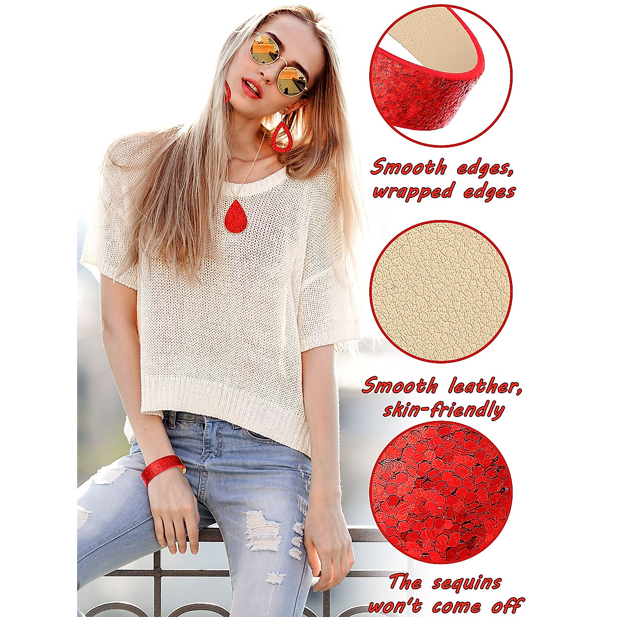 Hicarer Women's Glitter Jewelry Set, Include 2 Pieces Bridal Wedding Multi-Layer Bracelet 3 Pair Faux Leather Dangle Earrings 1 Piece Necklace for Women (Red)