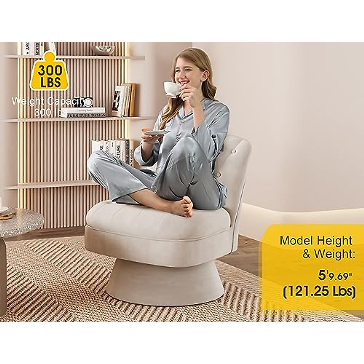 Dewhut Modern 360 Degree Swivel Velvet Barrel Accent Chair, Comfy Side Corner Sofa Chair for Small Space, Button Tufted Upholstered Armless Chair for Living Room, Bedroom, Office, Vanity(Beige)