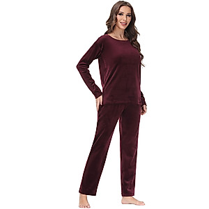 COZZIPLUS Women Velour Lounge Set 2 Piece Velvet Pajama Set Sweatsuit Crew Neck Sweatshirt and Elastic Waist Sweatpant(Burgundy,M)
