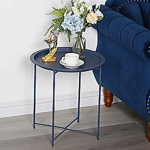 VECELO Modern End Side Tables,Round Metal Foldable Tray,Stable Snack Nightstand for Outdoors,Small Space,Living Room and Balcony, Blue, 18.5 in x 18.5 in x 19.7 in