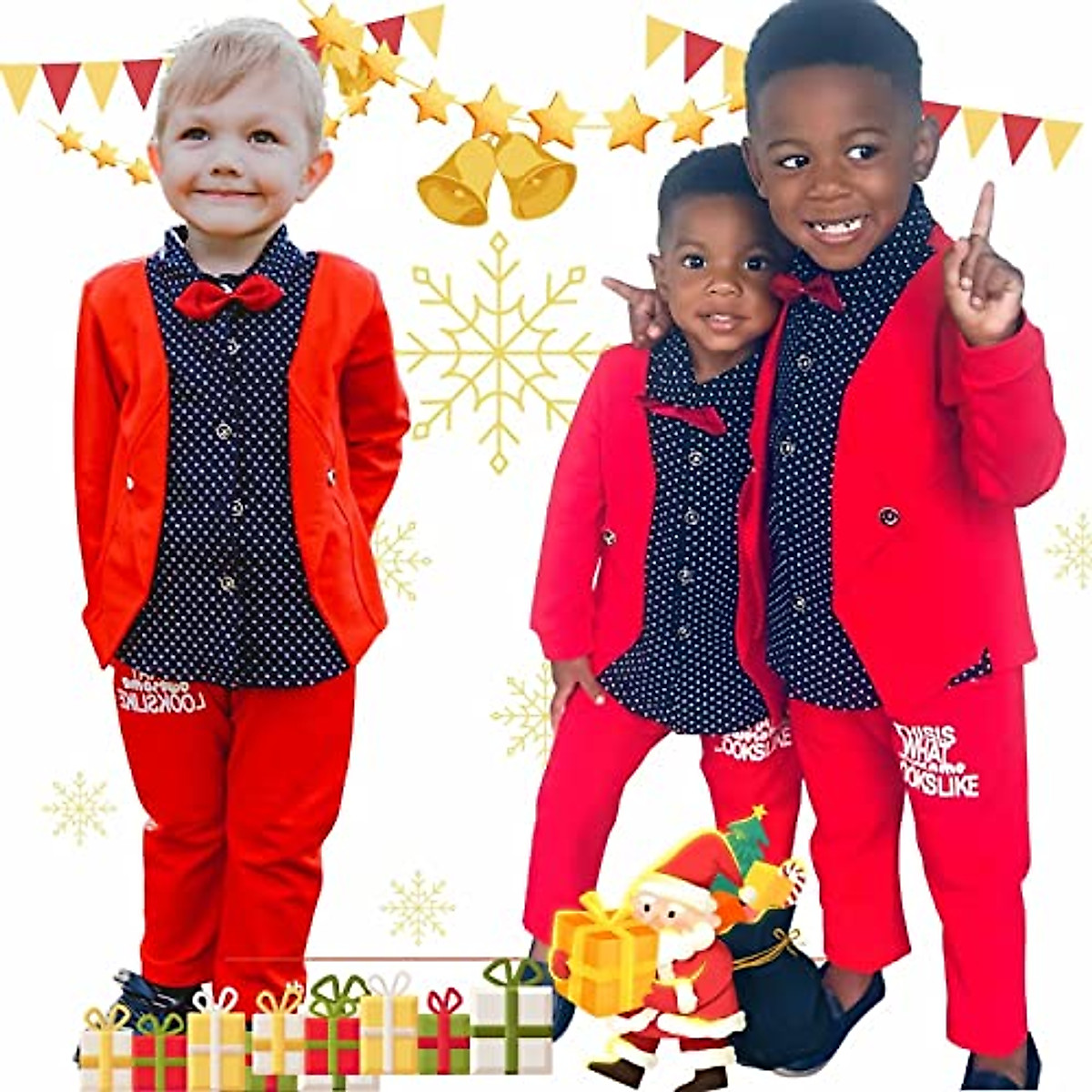 HZXVic Toddler Boy Gentleman Outfits Suit,Baby Tuxedo Dress Shirt with Bowtie + Pants Clothes Sets (Red, 18M)