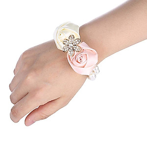 AUNMAS 2pcs Wedding Wrist Corsage, Girl Bridesmaid Groomsmen Hand Flower Faux Pearl Bead Corsage, Flower Bracelet Wedding Prom Party Decorations (White+)