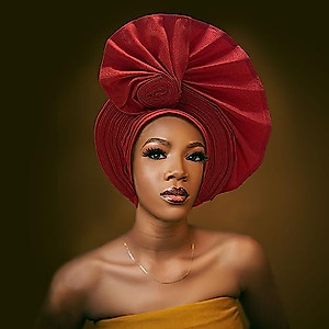Nigerian Headtie African Head Wraps Aso Oke Gele Already Made Handmade African Turban Cap For Party (Red)