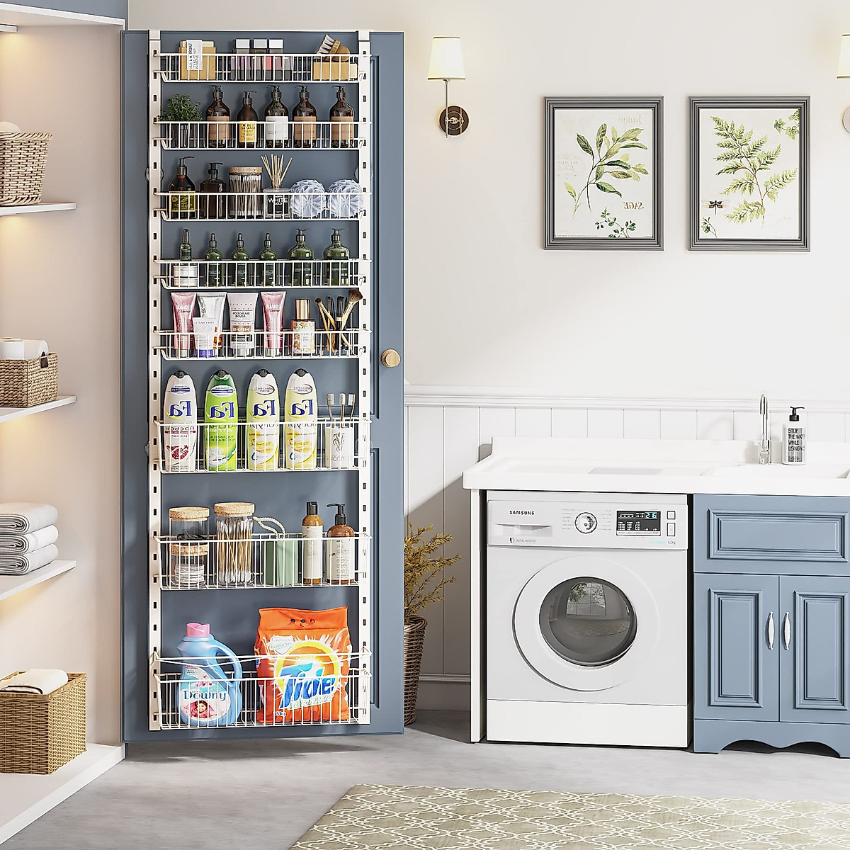 1Easylife Over The Door Pantry Organizer, 8-Tier Adjustable Baskets Pantry Organization, Metal Door Shelf with Detachable Frame, Space Saving Hanging Spice Rack for Kitchen Pantry Bathroom, Off White