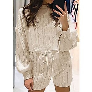 ZESICA Women's Casual 2 Piece Sweater Sets Long Sleeve Cable Knit Pullover Tops and Drawstring Shorts Sweatsuit Outfits,Apricot,Small