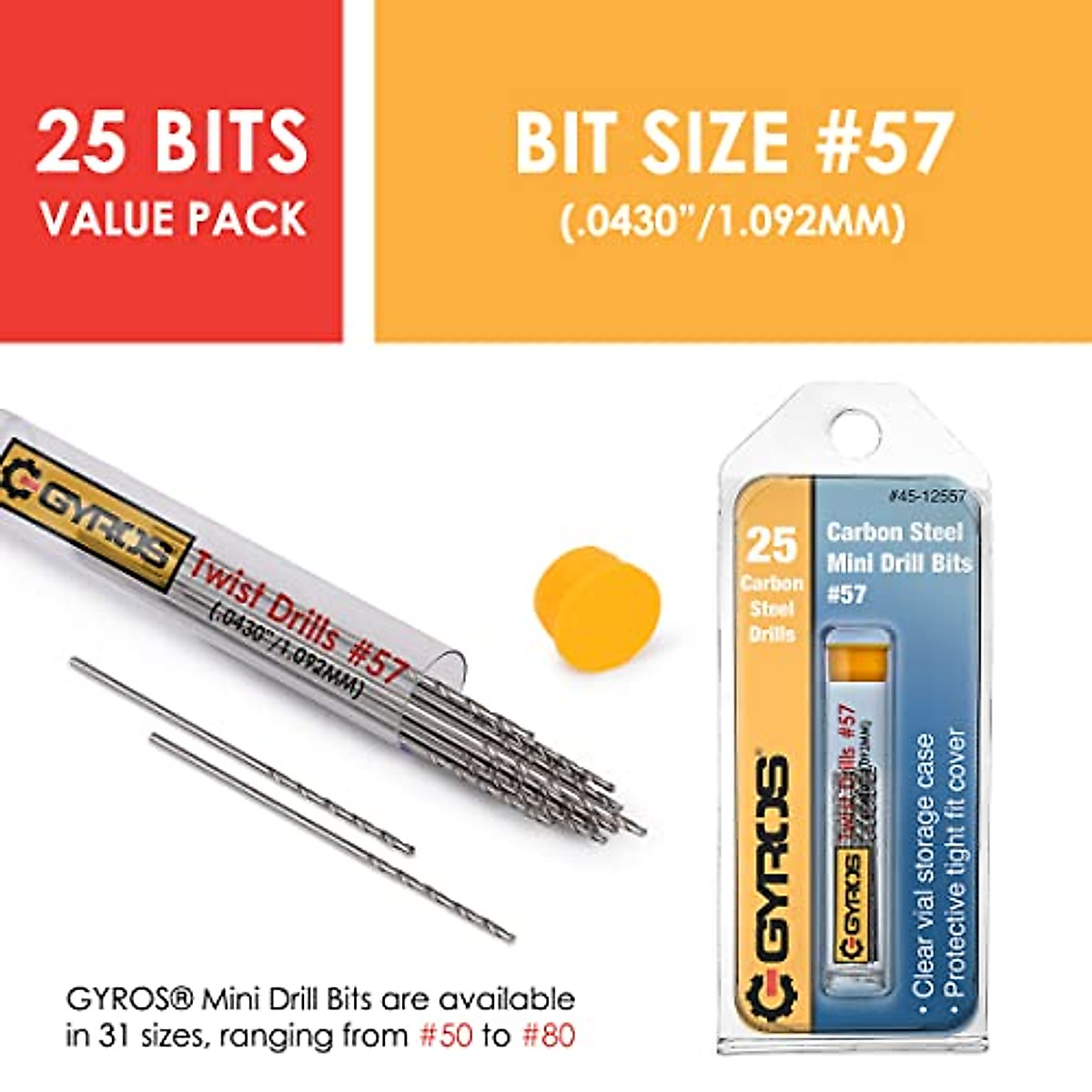 GYROS 12 PCS #57 Micro Drill Bit Set – Small Drill Bits for Jewelry, Plastic, Resin, & Soft Metal – Carbon Steel Wire Gauge Mini Twist Drill Bit Set for Pin Vise Hand Drill & Rotary Tool