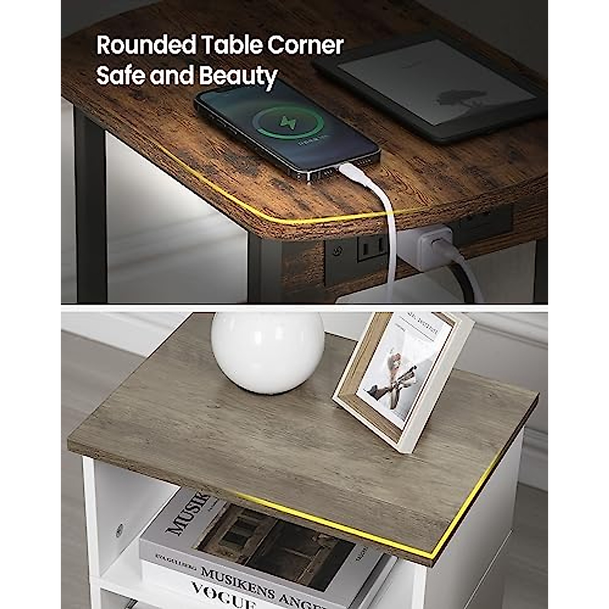Hzuaneri L Shaped End Table with Charging Station, Bed Side Table with USB Port & Outlet, Couch Table, C Snack Table for Living Room, Bedroom, Rustic Brown and Black ET04901B