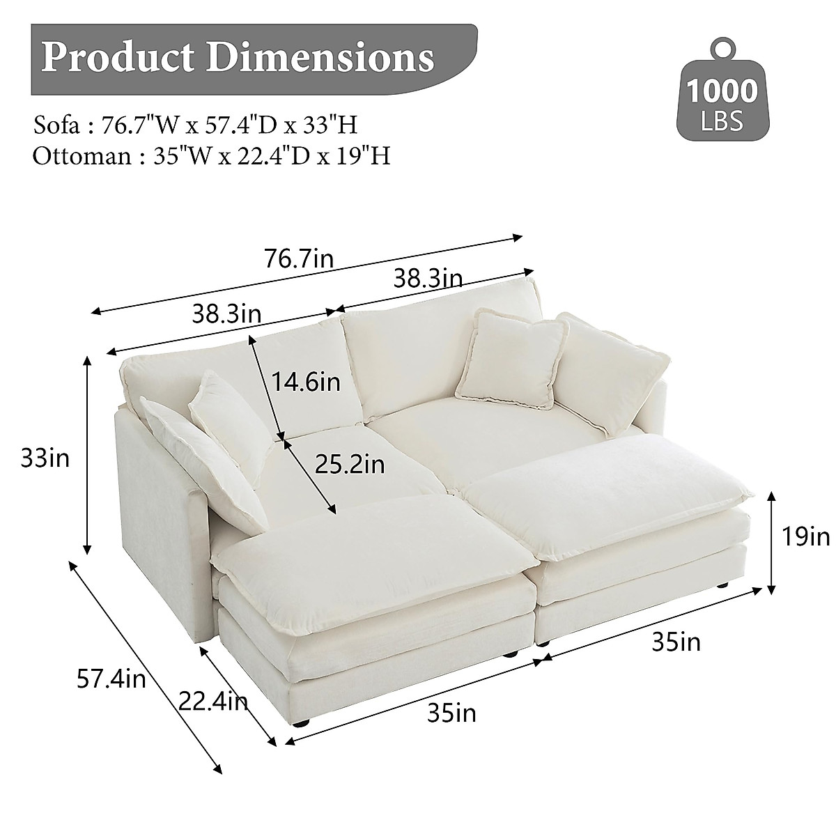 76.7" Deep Seat Sectional Cloud Sofa with 2 Ottomans & Soft Pillows, Loveseat Modular Couch for Living Room, Apartment, Small Space, Beige Chenille