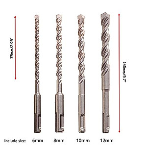 Rannb Rotary Hammer Bit Set SDS Plus Bits Set for Concrete Masonry Wall 6+8+10+12mm - 4pcs