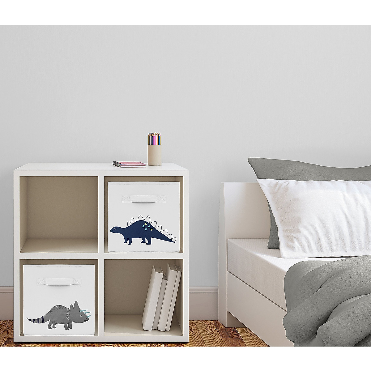 Sweet Jojo Designs Navy Blue and Grey Modern Dino Foldable Fabric Storage Cube Bins Boxes Organizer Toys Kids Baby Childrens for Mod Dinosaur Collection Set of 2